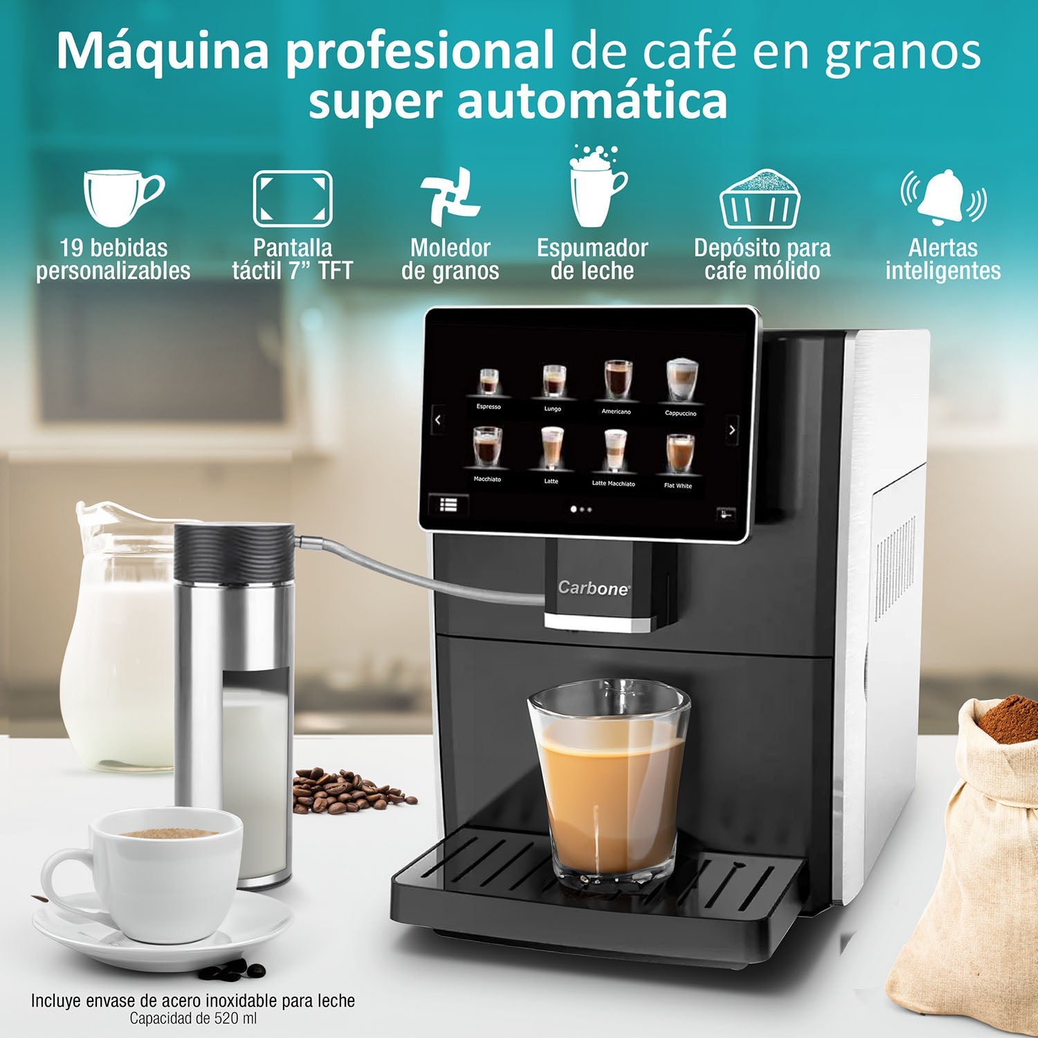 Máquina De Cafe Automática Granos Y Polvo 19 Bar Pantalla Táctil 7" Co– Tienda Oficial Carbone ...